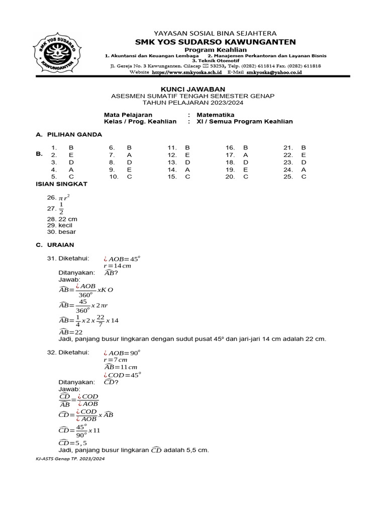 Kunci Jawaban Soal ASTS Genap 2023-2024 Matematika | PDF