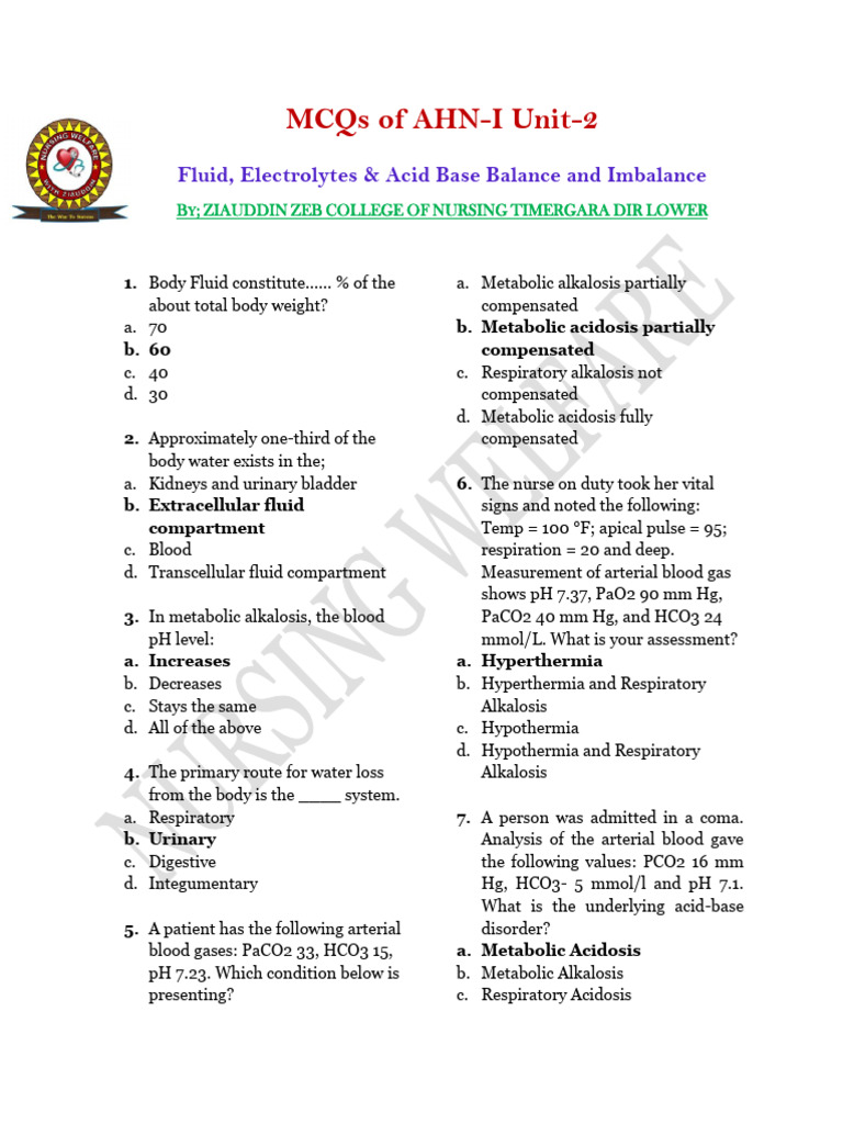 Nursing Fluid & Electrolyte MCQs | PDF | Angiotensin | Medical Specialties