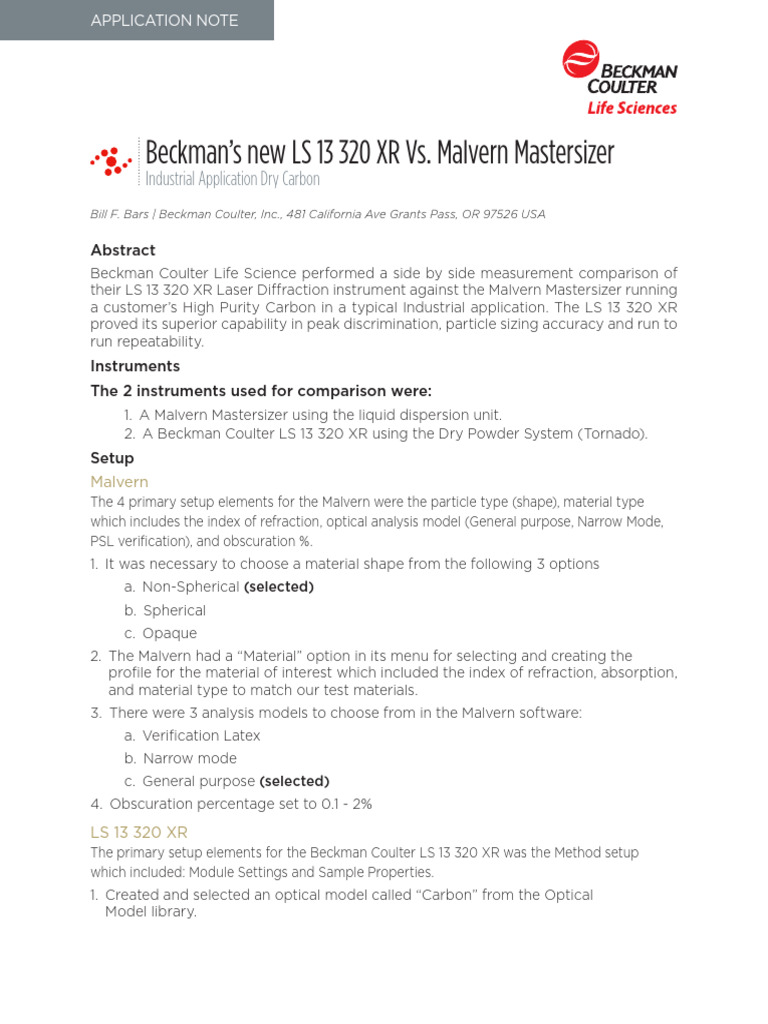 LS 13 320 XR vs Malvern Mastersizer | PDF | Optics | Materials Science