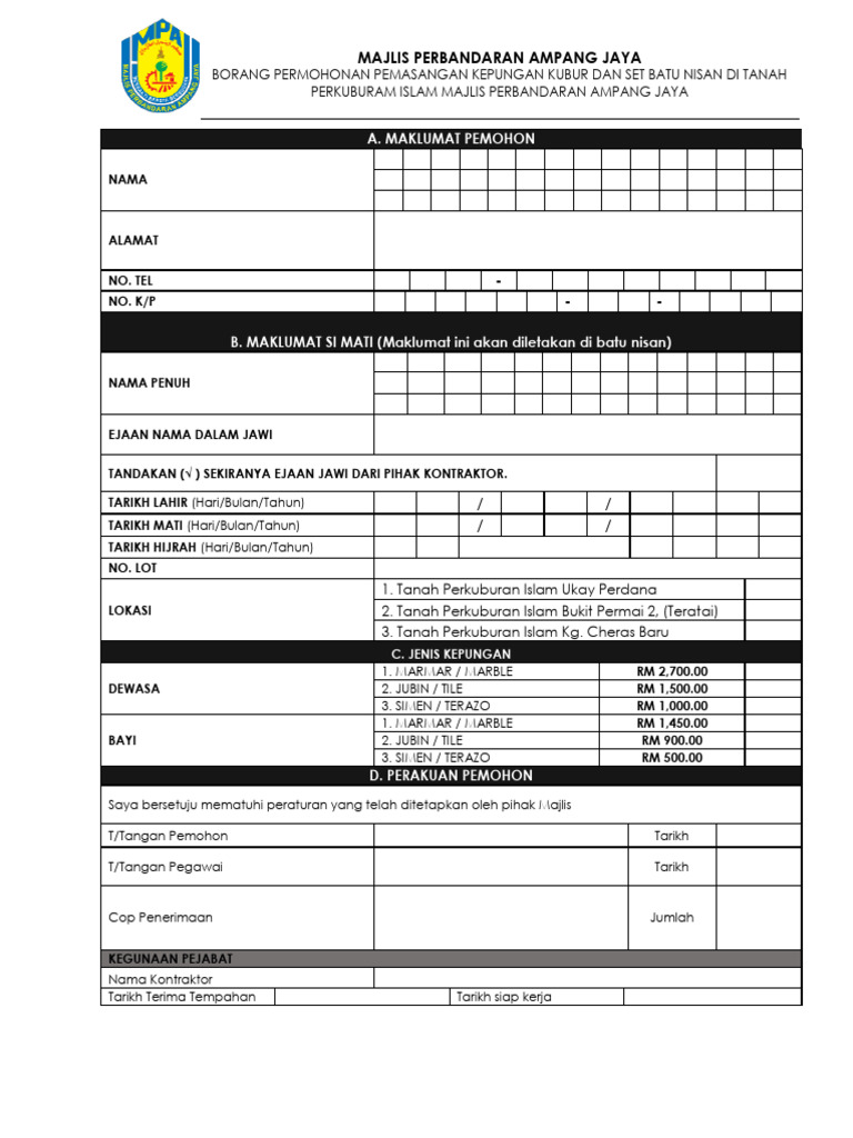 Borang Tempahan Kepungan Kubur Dan Set Nisan Mpaj 14.02.2022 0 | PDF