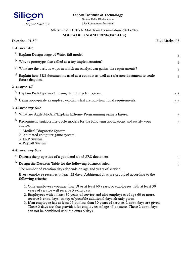 B.Tech Software Engineering Exam 2021-22 | PDF | Software Development Process | Software Engineering