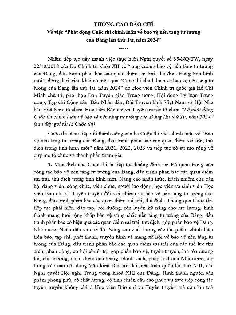 Thông Cáo Báo Chí Phát Đ NG Cu C Thi | PDF