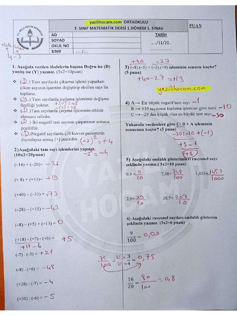 Cevaplar - 7.sinif Matematä°k 1.dã Nem 1.yazili Sorulari-2 | PDF
