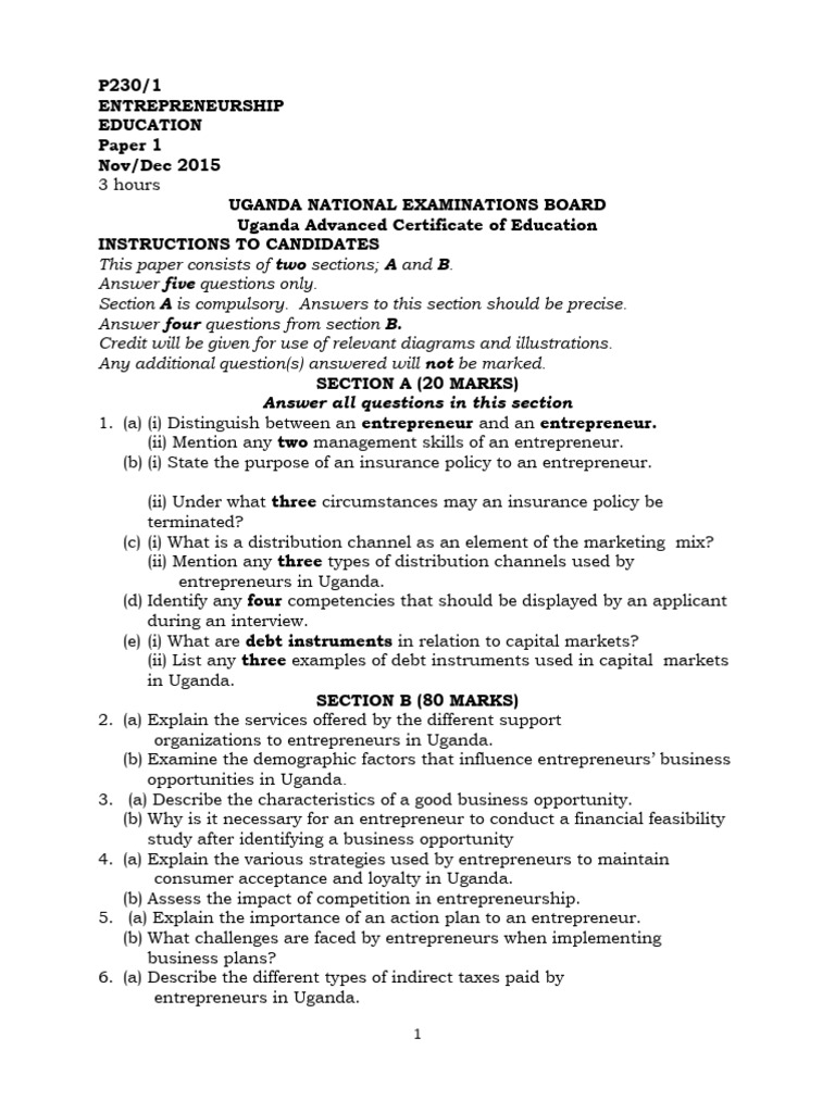 S.6 Ent. P230 UNEB Questions | PDF | Entrepreneurship | Expense
