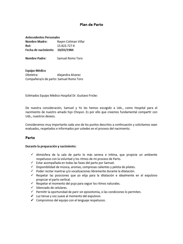 Plan de Parto Choyun | PDF | Parto | Salud maternal