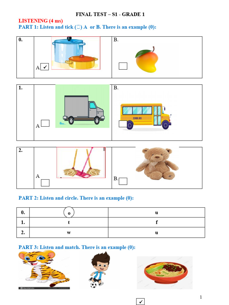 Grade 1 Final Test - S1 | PDF
