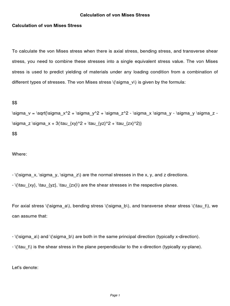 Von Mises Stress Calculation Guide | PDF | Stress (Mechanics) | Bending
