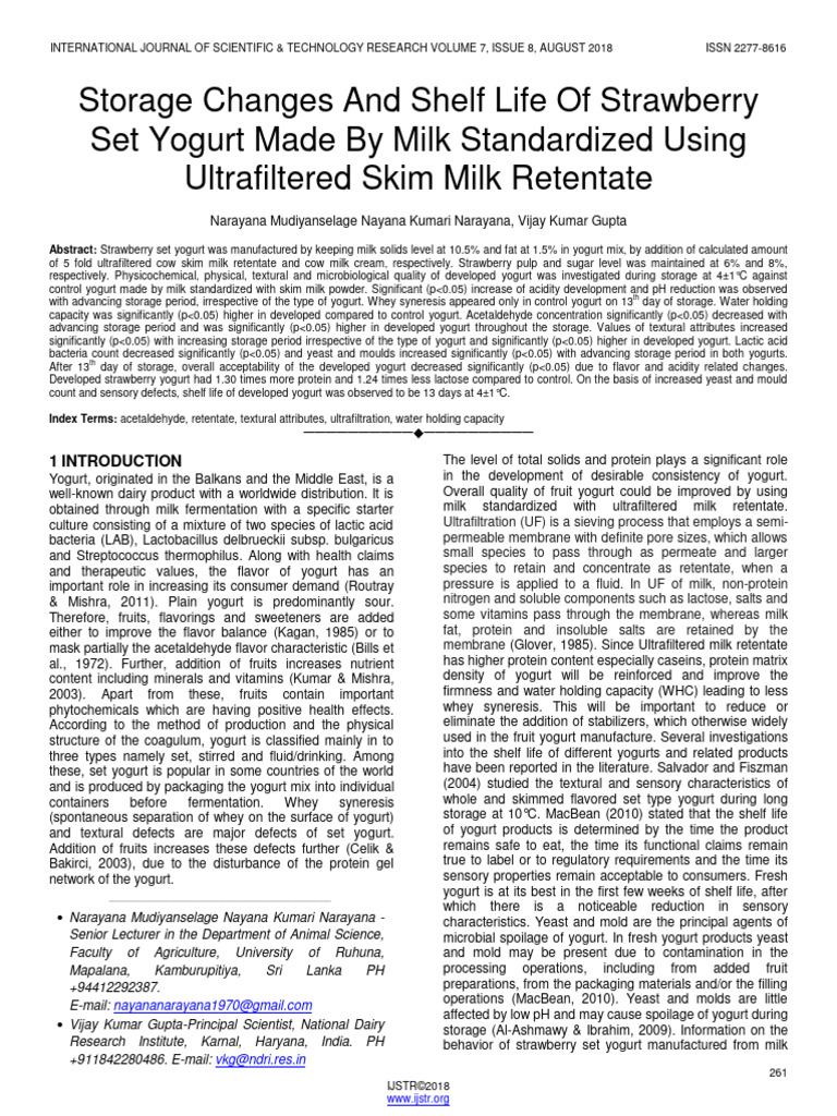 Storage Changes and Shelf Life of Strawberry Set Yogurt Made by Milk Standardized Using ...