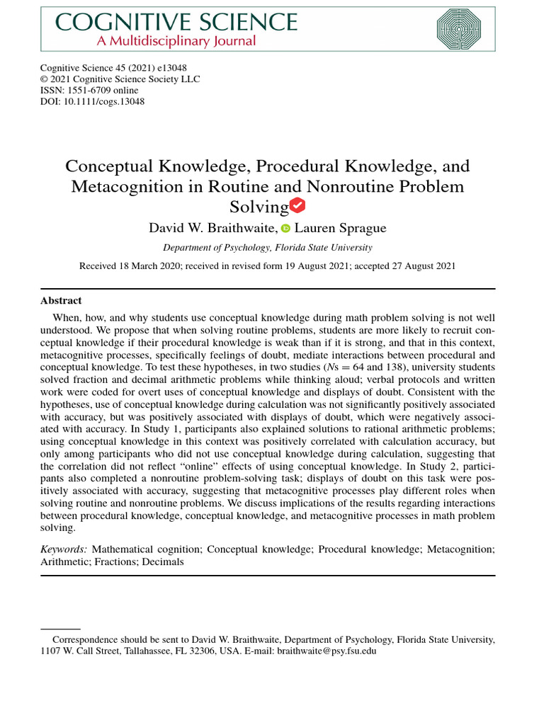 Conceptual Knowledge, Procedural Knowledge, and Metacognition in Routine and Nonroutine Problem ...