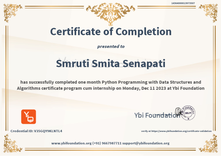 Python Programming Certificate - Ybi Foundation | PDF