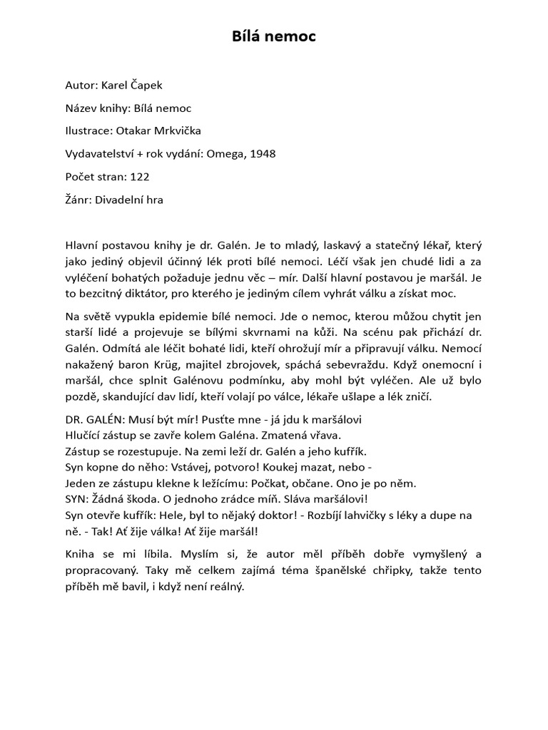 Bílá Nemoc - Čtenářský Deník | PDF