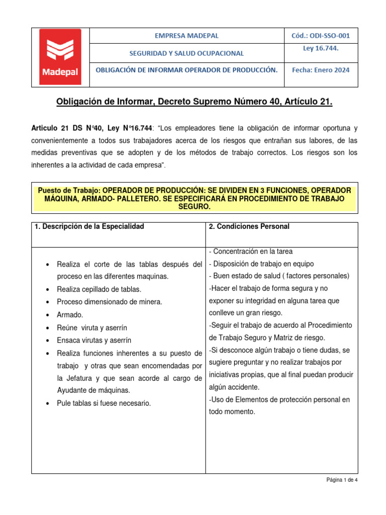 Obligación de Informar Riesgos Laborales PALETERO | PDF | Seguridad y ...