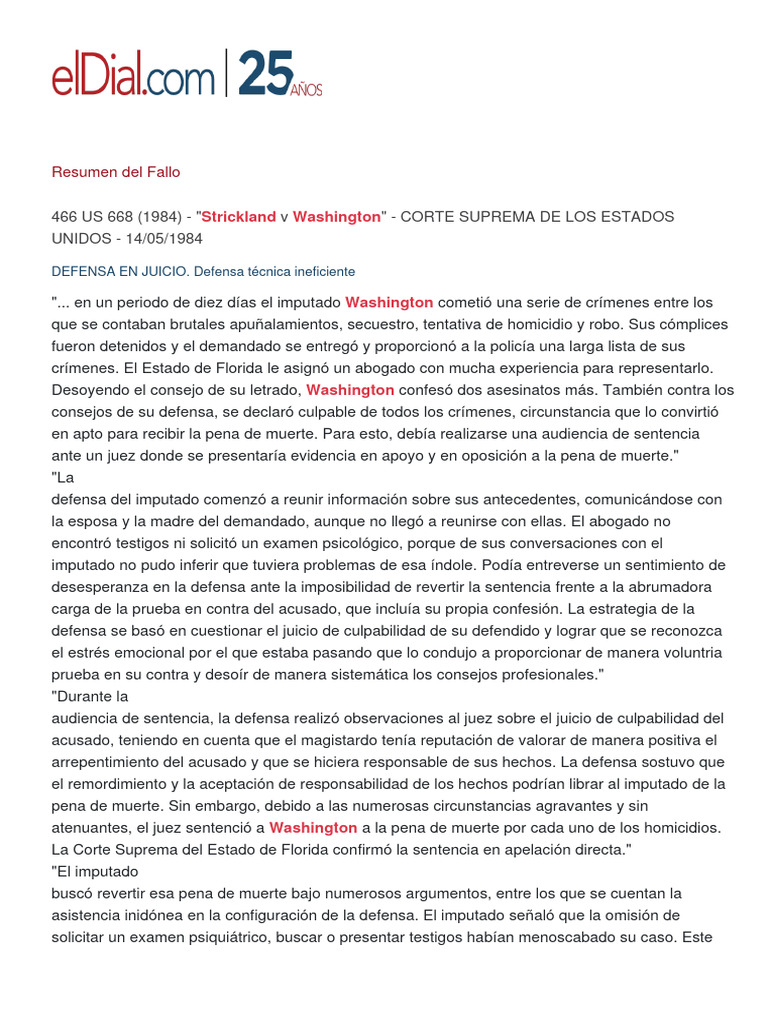 48 - Resumen Fallo - Strickland | PDF | Sentencia (ley) | Castigos