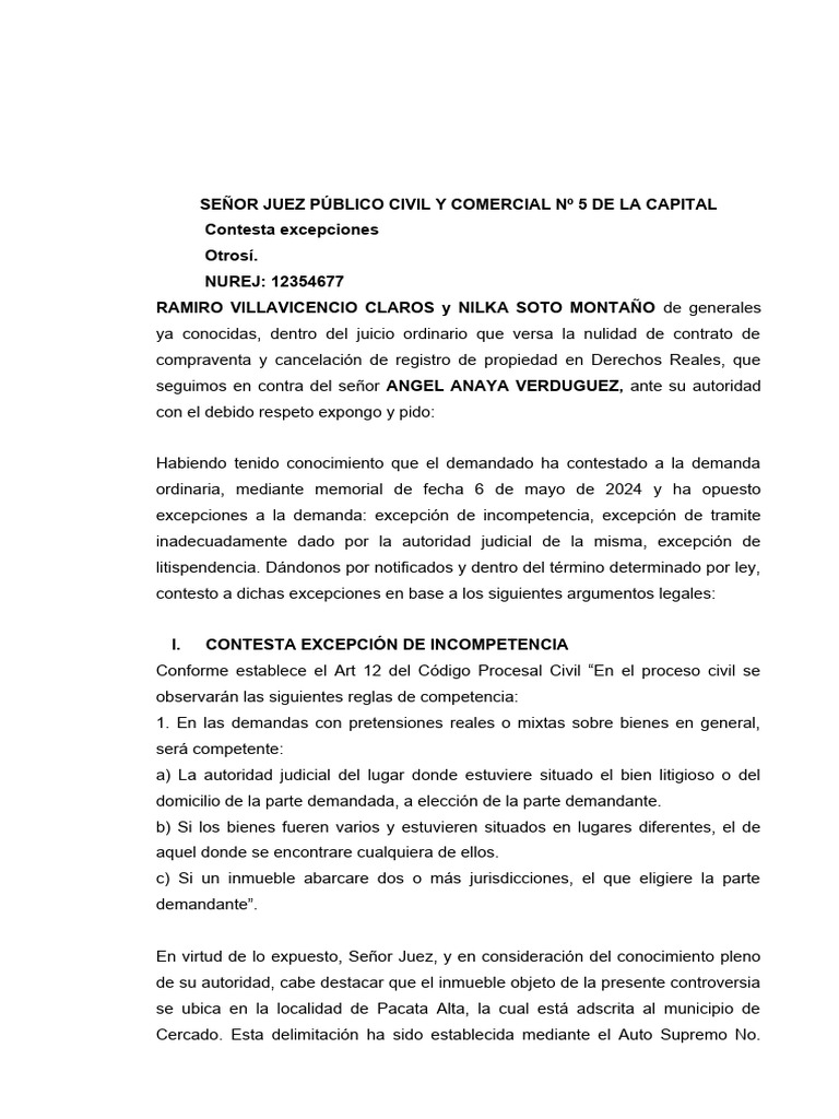 Contesta Excepciones Margenes Corregidos | PDF | Jurisdicción | Demanda ...