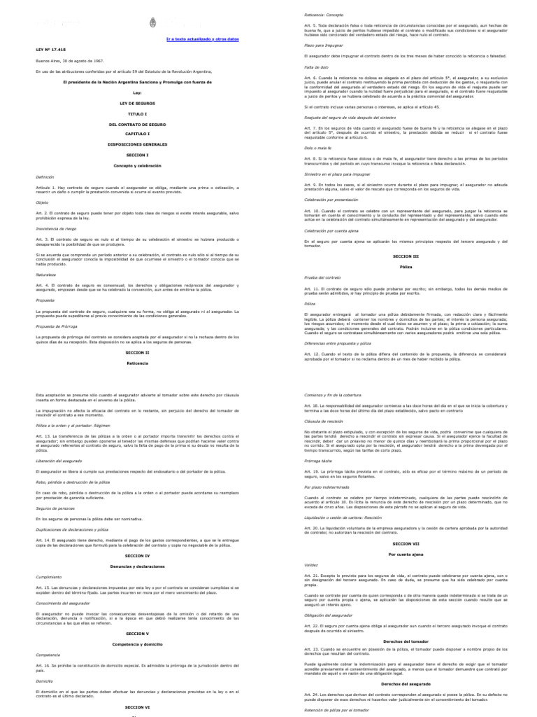 LEY SEGURO | Descargar gratis PDF | Póliza de seguros | Seguro