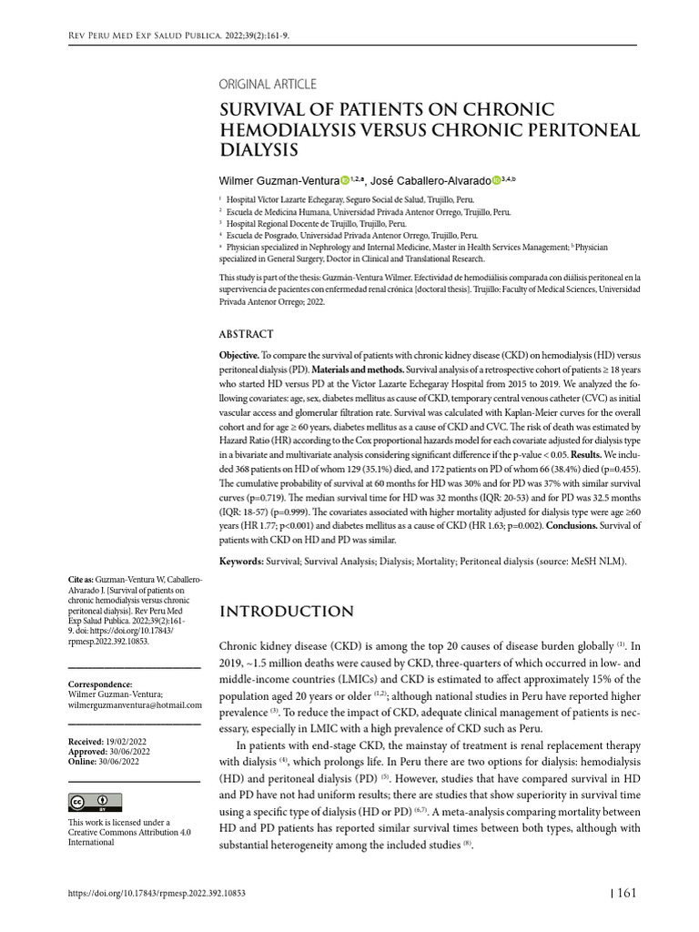 Survival of Patients On Chronic Hemodialysis Versus Chronic Peritoneal ...
