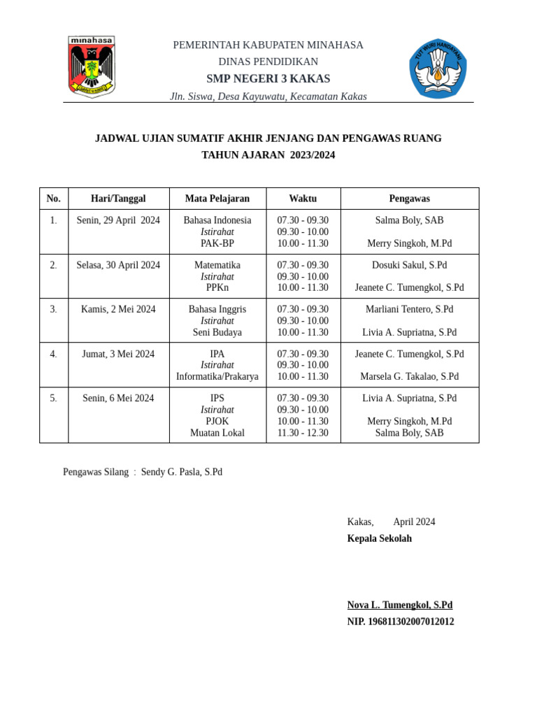 1 Jadwal UASJ 2023-2024 Dan Pengawas | PDF