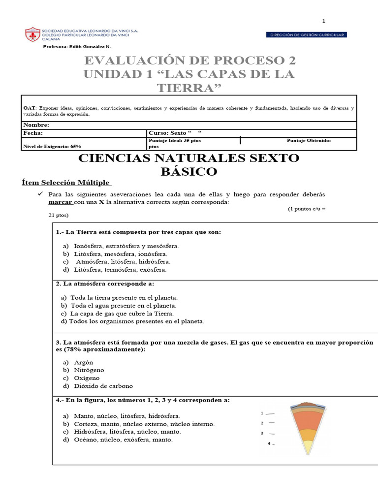 Evaluacion Formativa de Proceso 1, Capas de La Tierra | PDF | Tierra | Agua