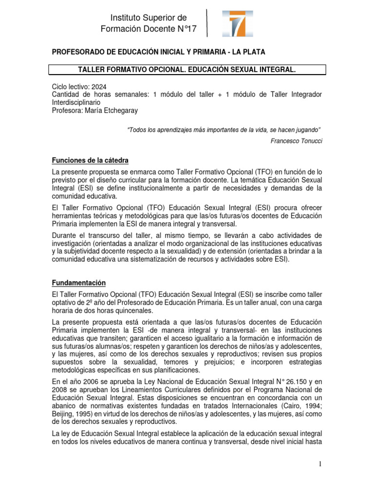 Propuesta Pedagogica TFO ESI 2024 | PDF | Educación sexual | Maestros