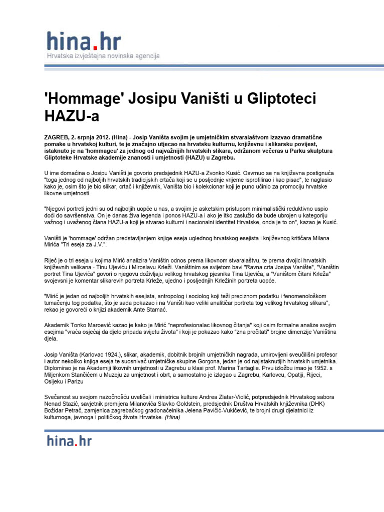 HINA - Hommage Slikarstvu Akademika Josipa Vaniste | PDF