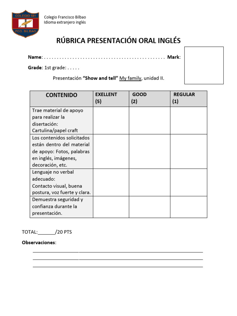Rúbrica Presentación Oral Inglés | PDF