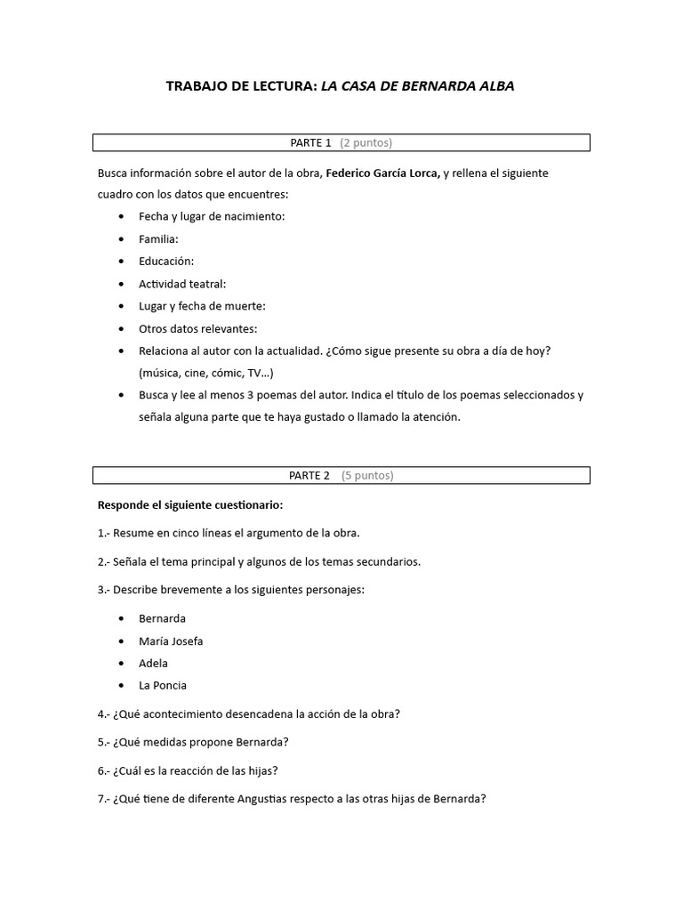 TRABAJO DE LECTURA Bernarda Alba | PDF