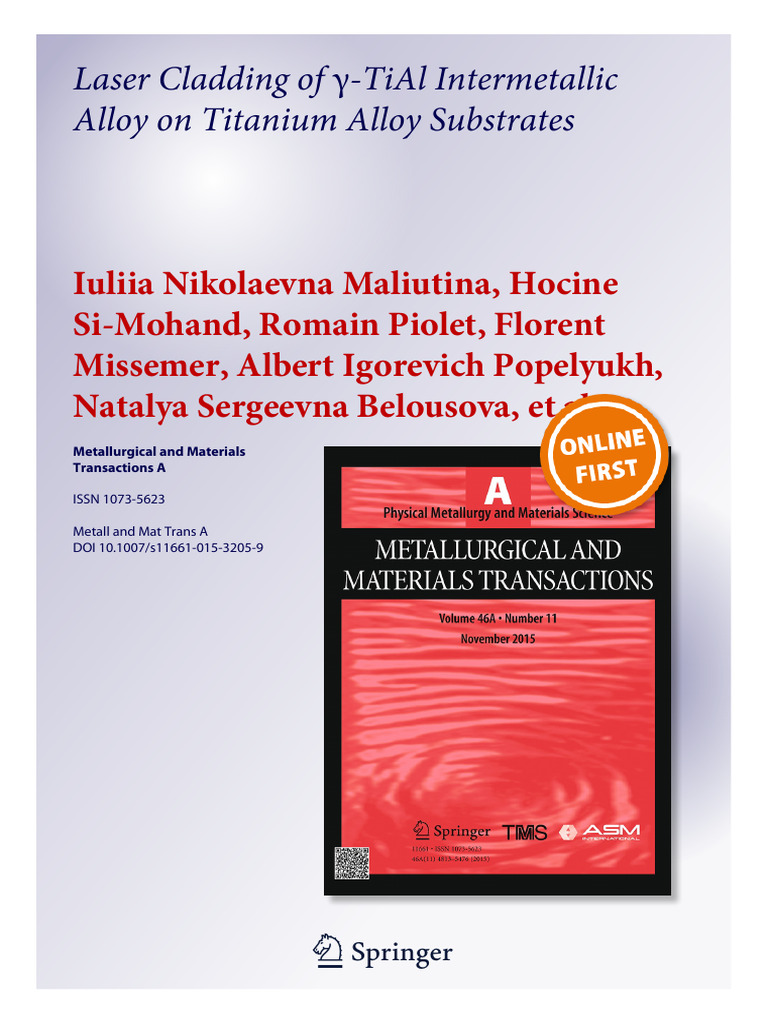 Laser Cladding of Γ-TiAl Intermetallic Alloy on Titanium Alloy ...
