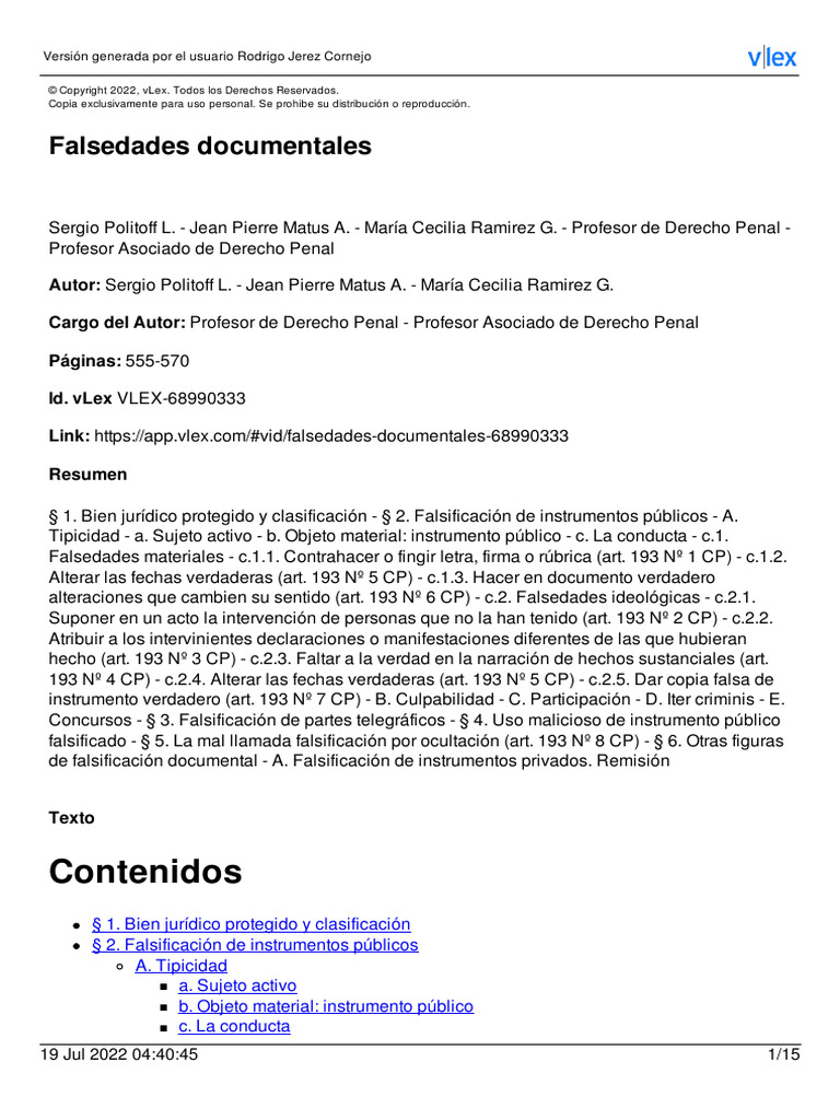 Falsedades Documentales - Sergio Politof Penal | PDF | Intención (Derecho Penal) | Billete de banco