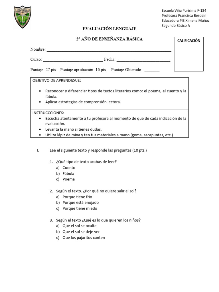 Evaluacion Tipos de Textos | PDF