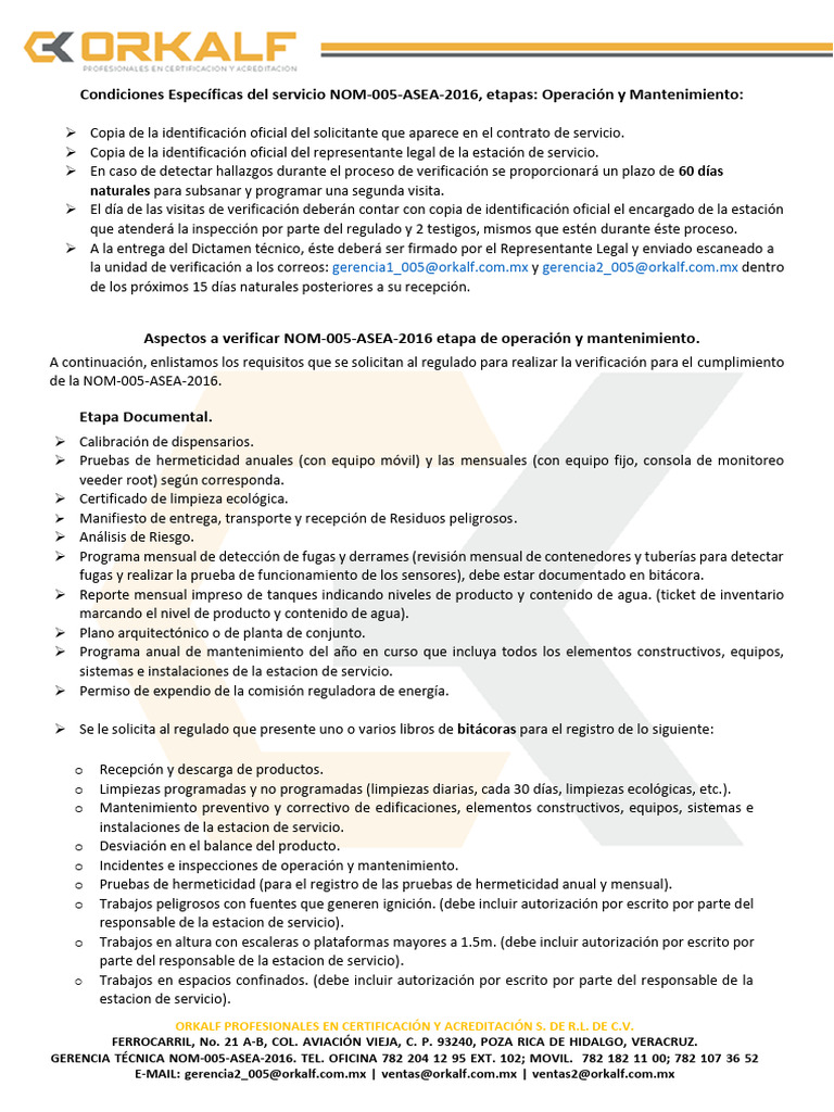 condiciones y requisitos de verificacion NOM-005-ASEA-2016 O Y M. | PDF