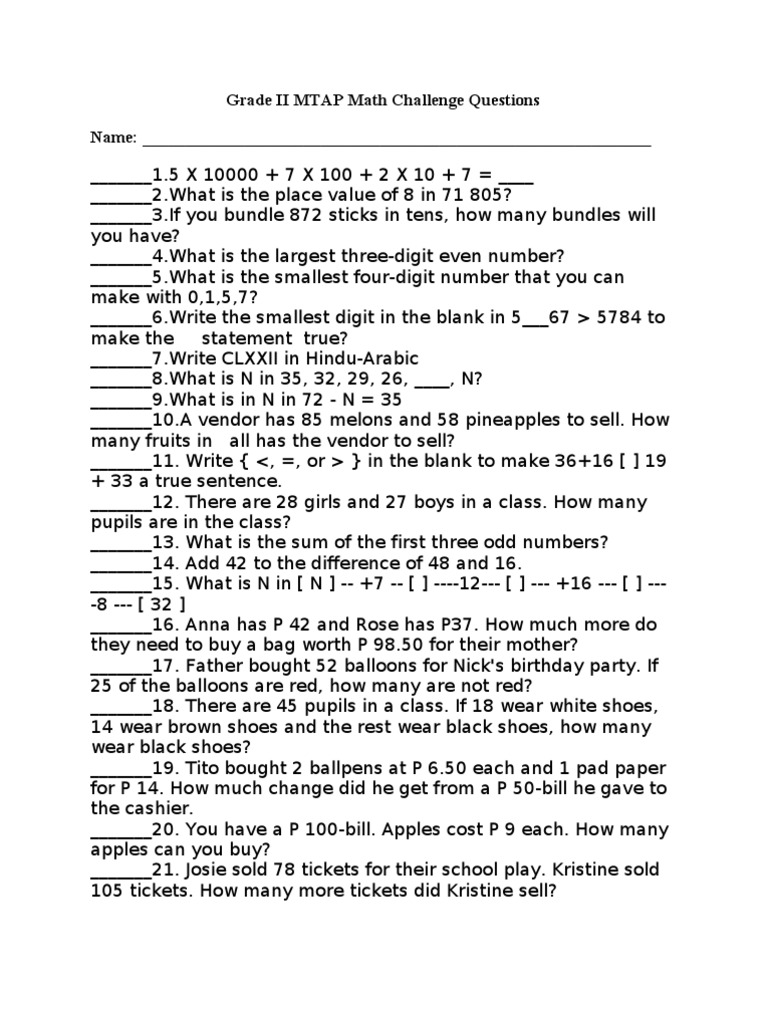 Grade II MTAP Math Challenge Questions | PDF | Teaching Mathematics ...
