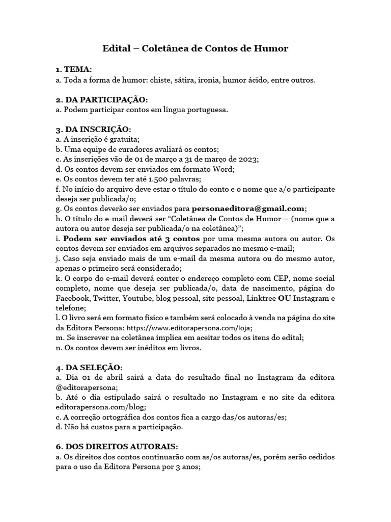 EDITAL - Coletânea de Contos de Humor | PDF