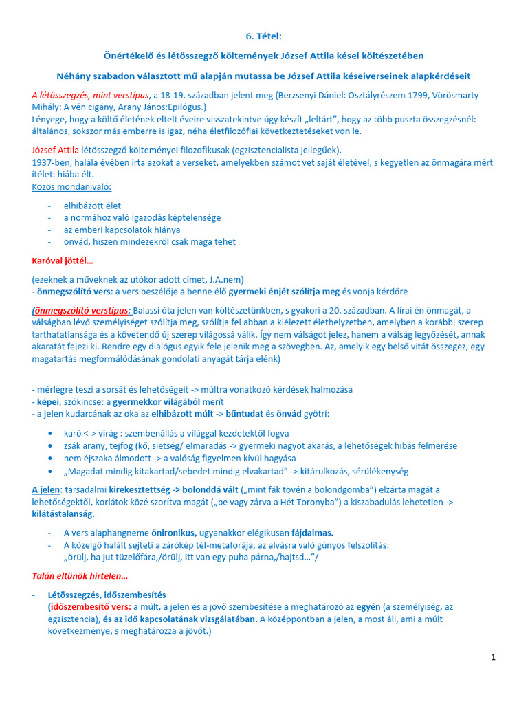 6 - József Attila Létösszegző Versei | PDF
