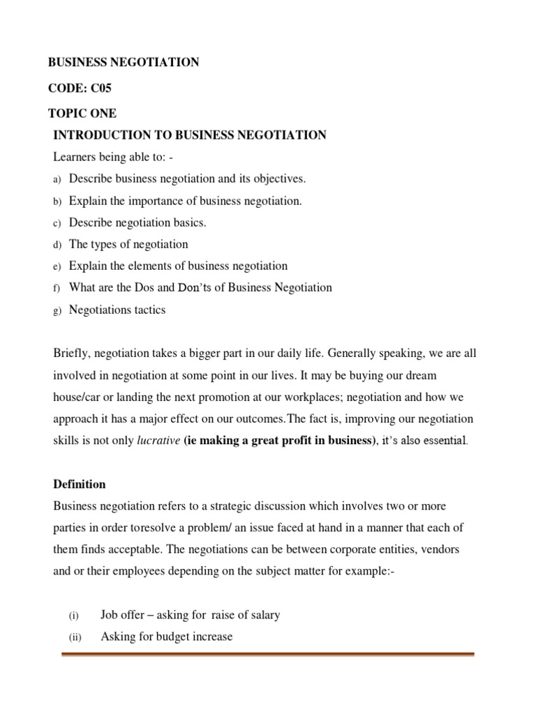 Business Negotiation Topic 0ne CPSP 1 | PDF | Negotiation | Bargaining