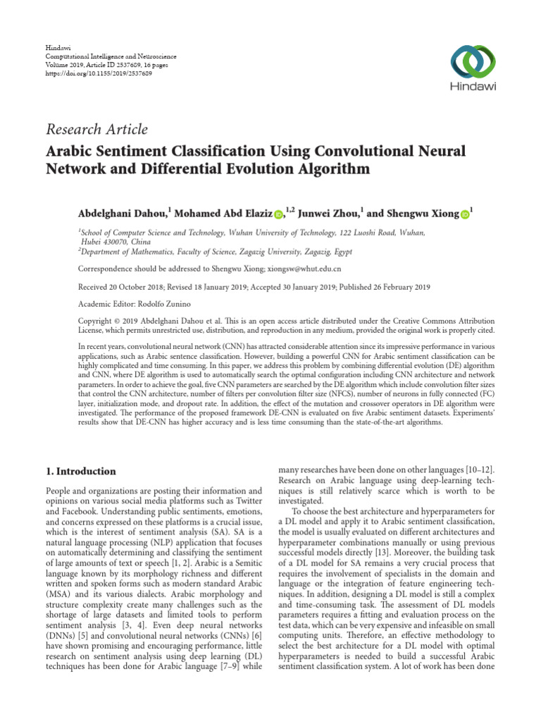 Arabic Sentiment Classification Using Convolutional Neural Network And Differential Evolution