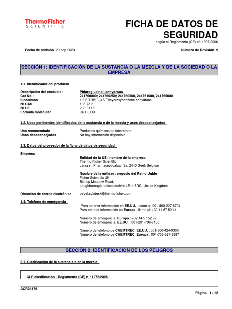 Ficha de Seguridad: Phloroglucinol Anhidro | PDF | Guante | Residuos