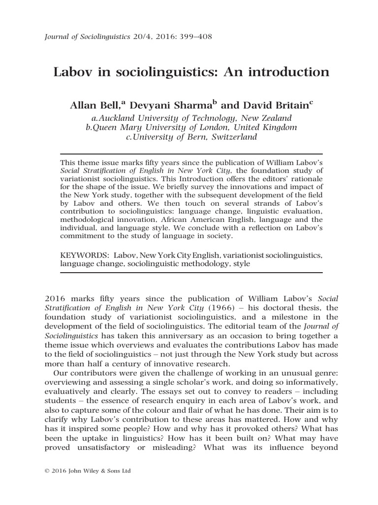 Labov in Sociolinguistics An Introduction | PDF | Sociolinguistics ...