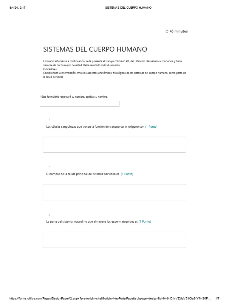 Sistemas Del Cuerpo Humano Respuesta Corta | PDF | Cuerpo humano | Cerebro