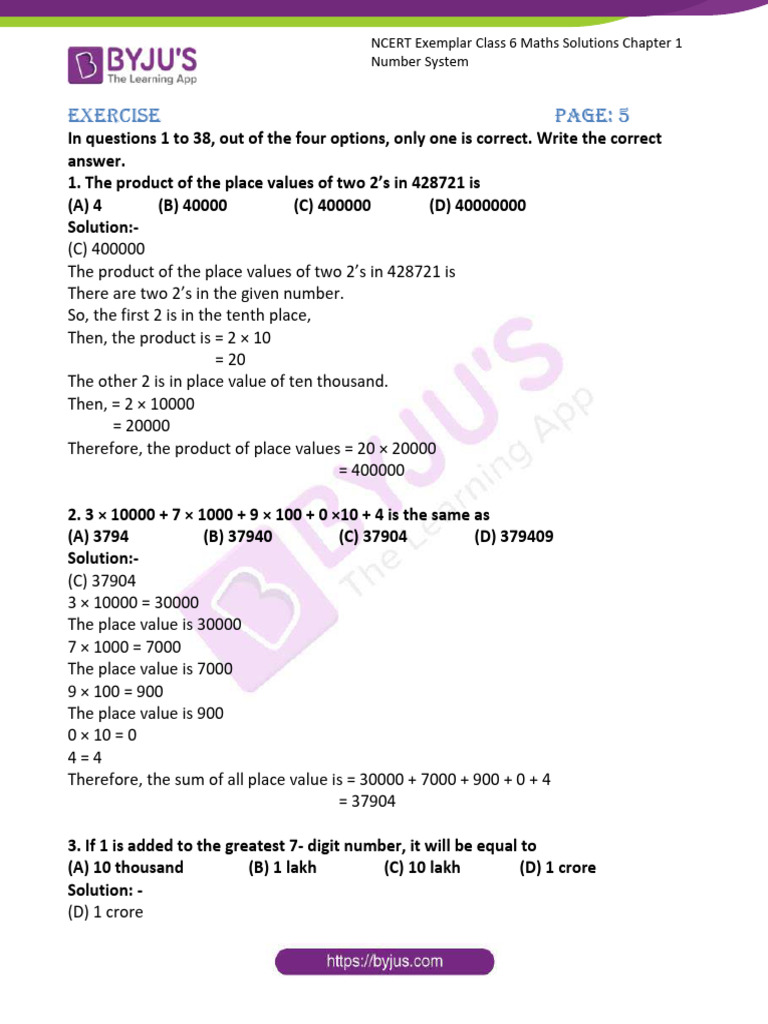 Ncert Exemplar Jan2021 Class 6 Maths Solutions Chapter 1 | PDF ...