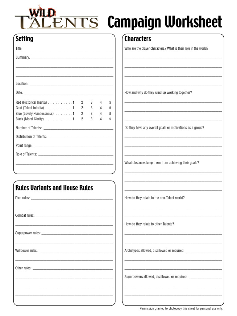 Wild Talents Campaign Worksheet | PDF | Gaming | Tabletop Games