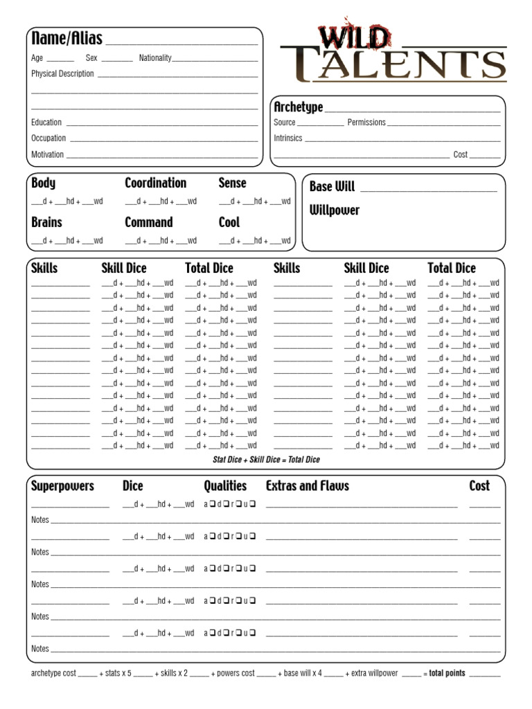 Wild Talents Character Sheet | Download Free PDF | Role Playing | Role Playing Games