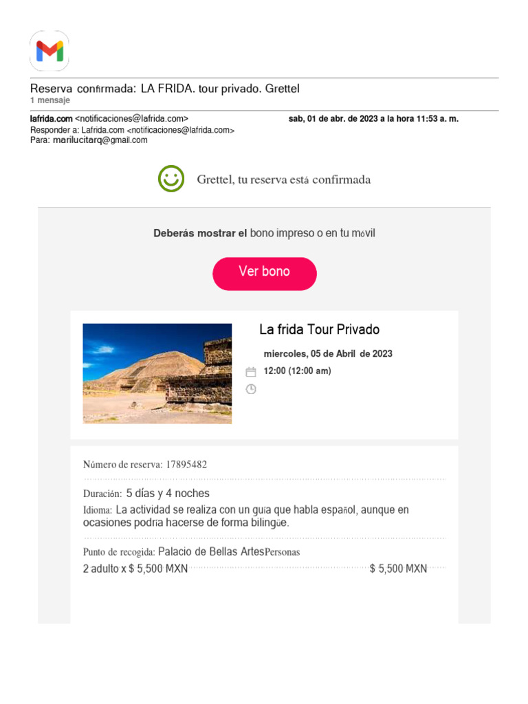 Reserva Confirmada: Tour Privado La Frida | PDF
