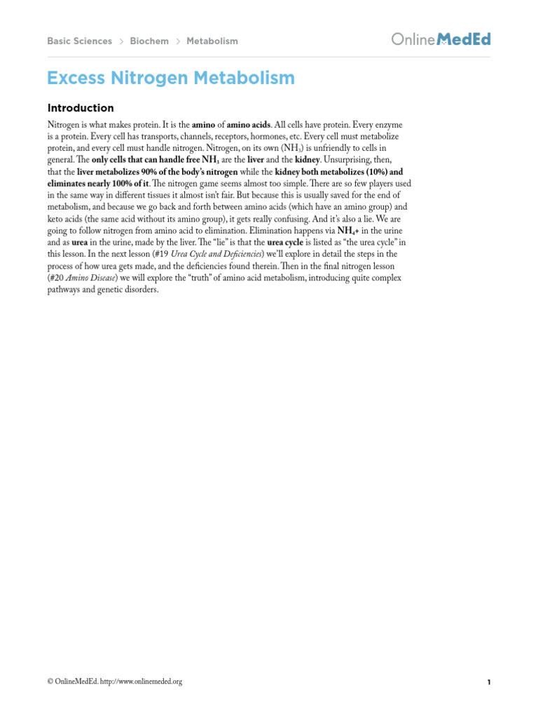 18.Excess Nitrogen Metabolism | PDF | Transaminase | Alanine
