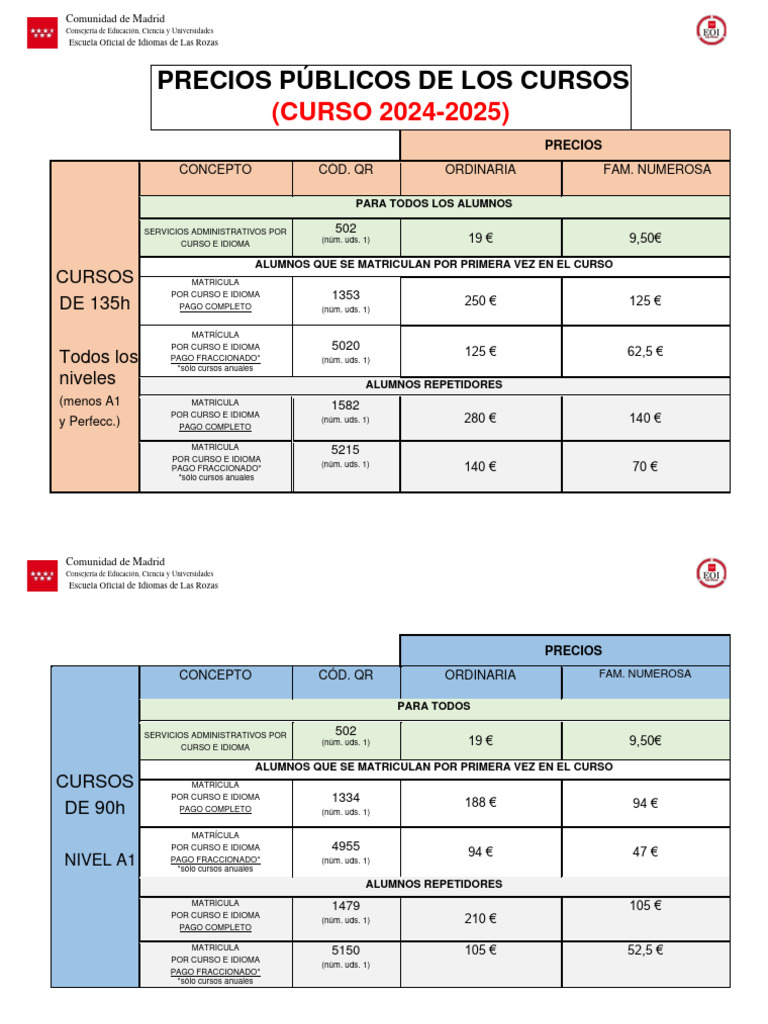 Precios Publicos 2024 2025 | PDF | Etapas educativas | Academia