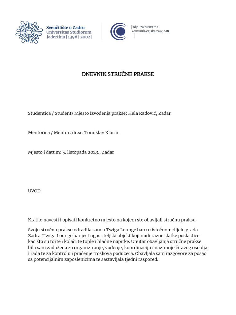 Dnevnik Stručne Prakse | PDF