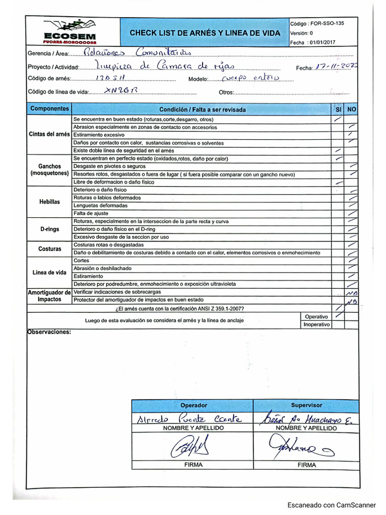 Check List de Arnes y Linea de Vida | PDF