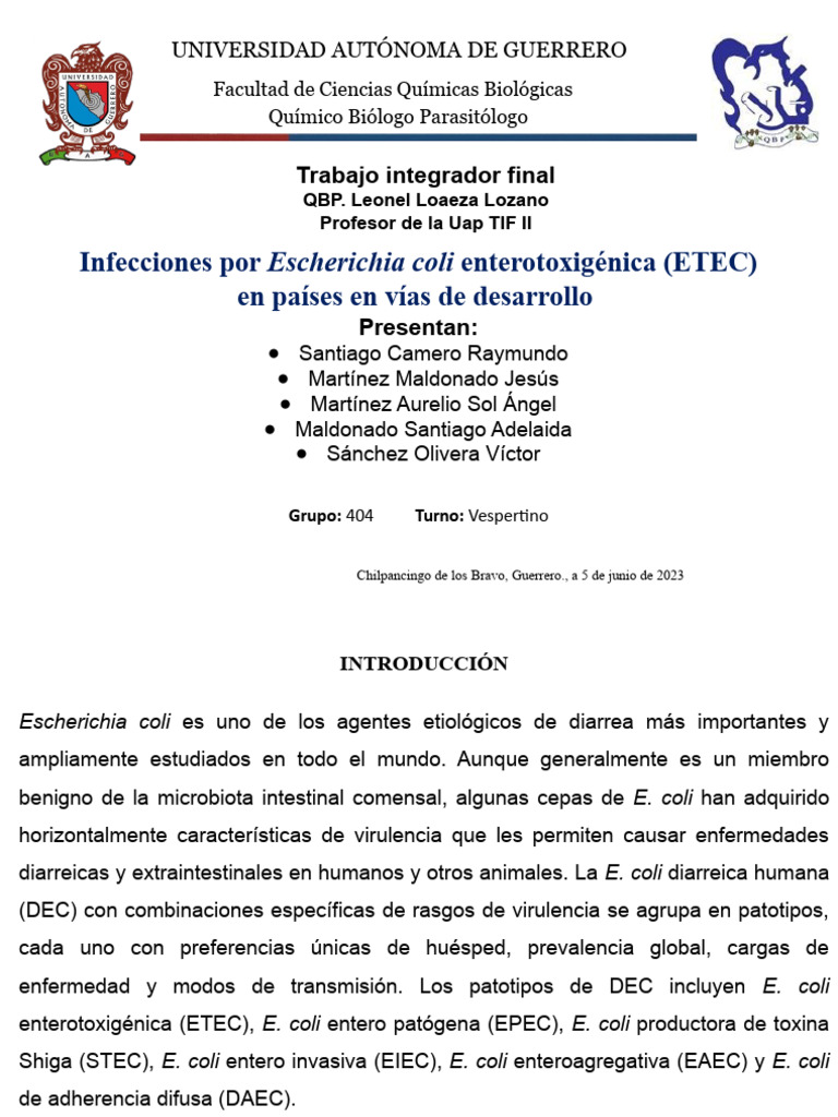 Presentacion de Tif II | Descargar gratis PDF | Escherichia coli | Diarrea