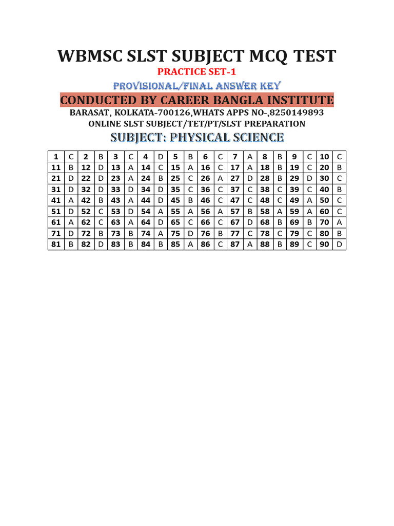 Physical Science Practice Set 1 Answer Key | PDF
