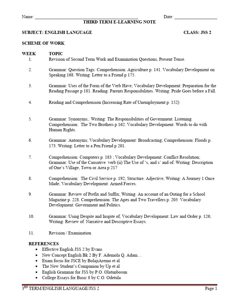 3RD Term JS2 English | PDF | English Language | Adjective