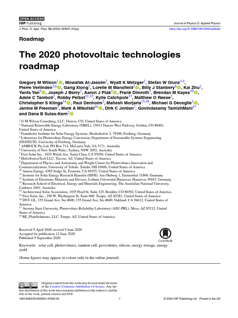 The 2020 Photovoltaic Technologies Roadmap | Download Free PDF ...